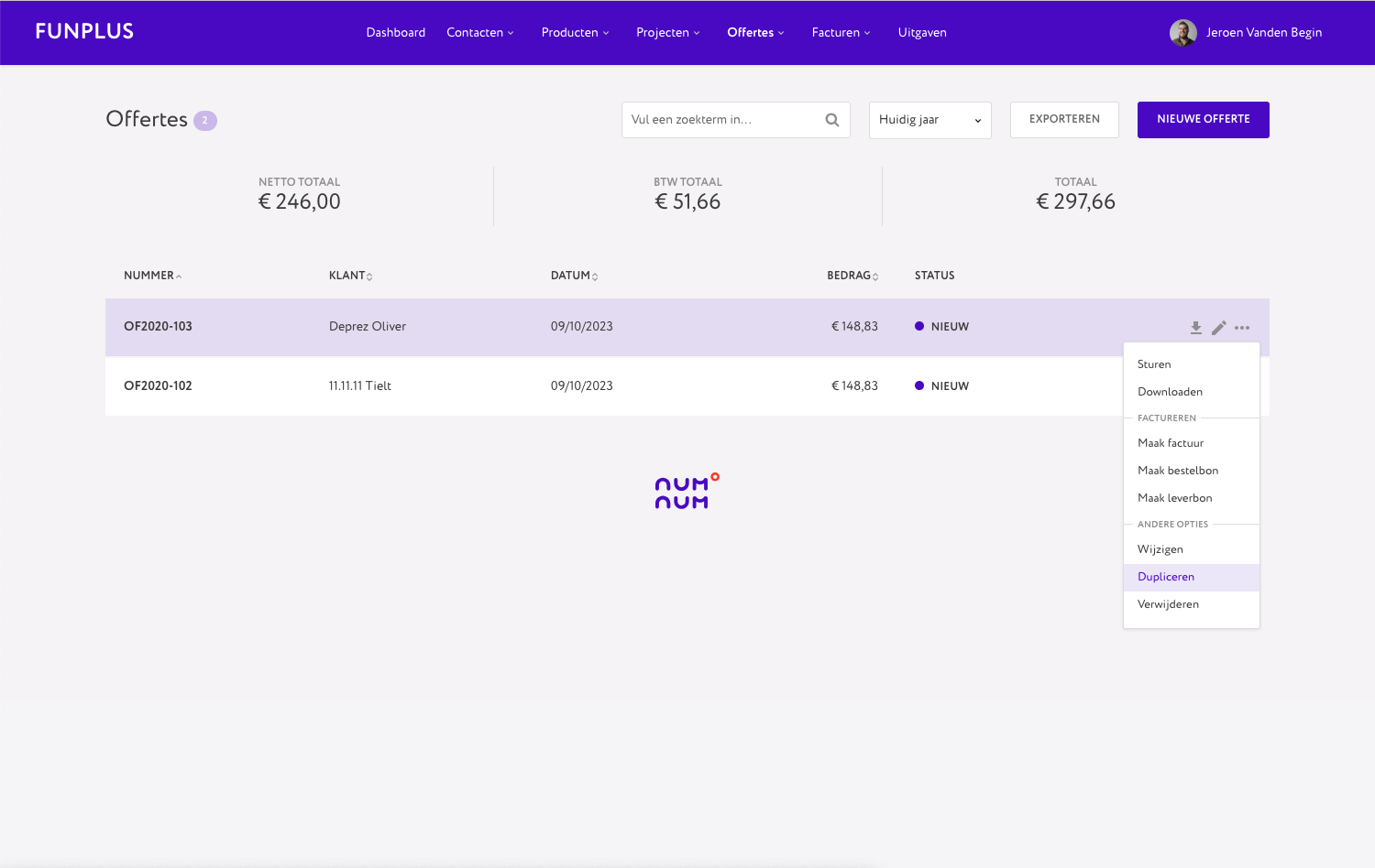 Maak eenvoudig offertes met NumNum. In één klik omzetten naar factuur.